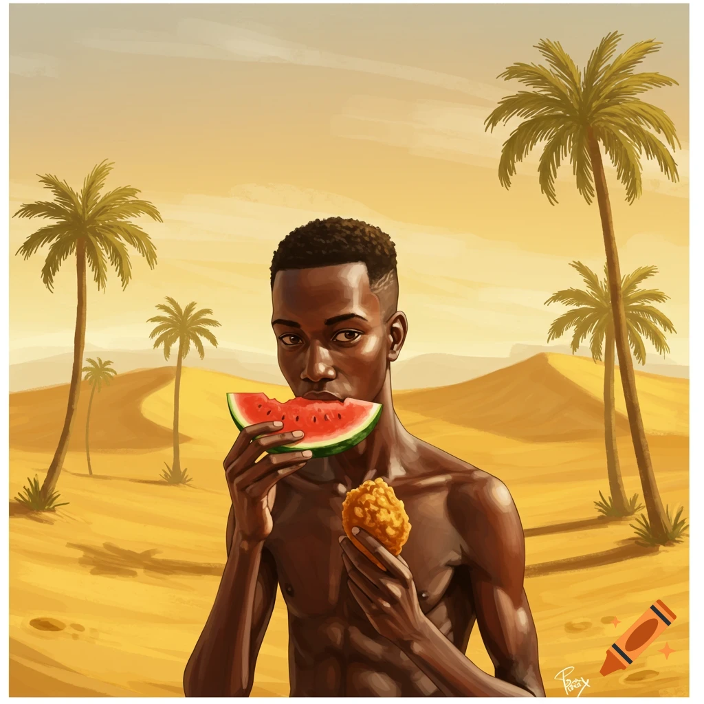 An illustration of a man eating watermelon and chicken in a desert with ...