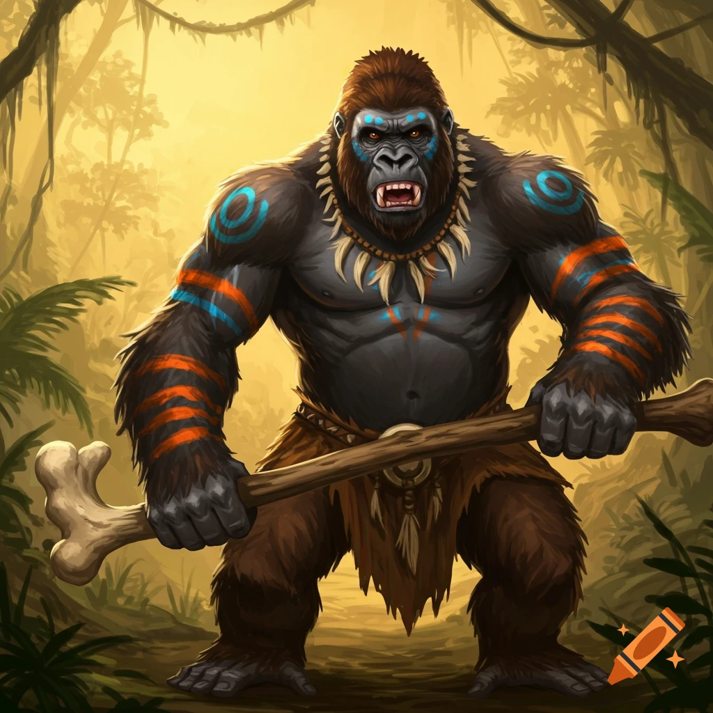 A stylized gorilla warrior holding a bone club in a jungle. on Craiyon
