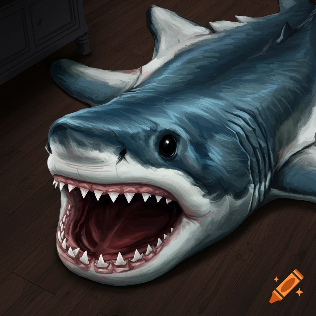 A shark-shaped rug with its mouth open lies on a wooden floor. on Craiyon