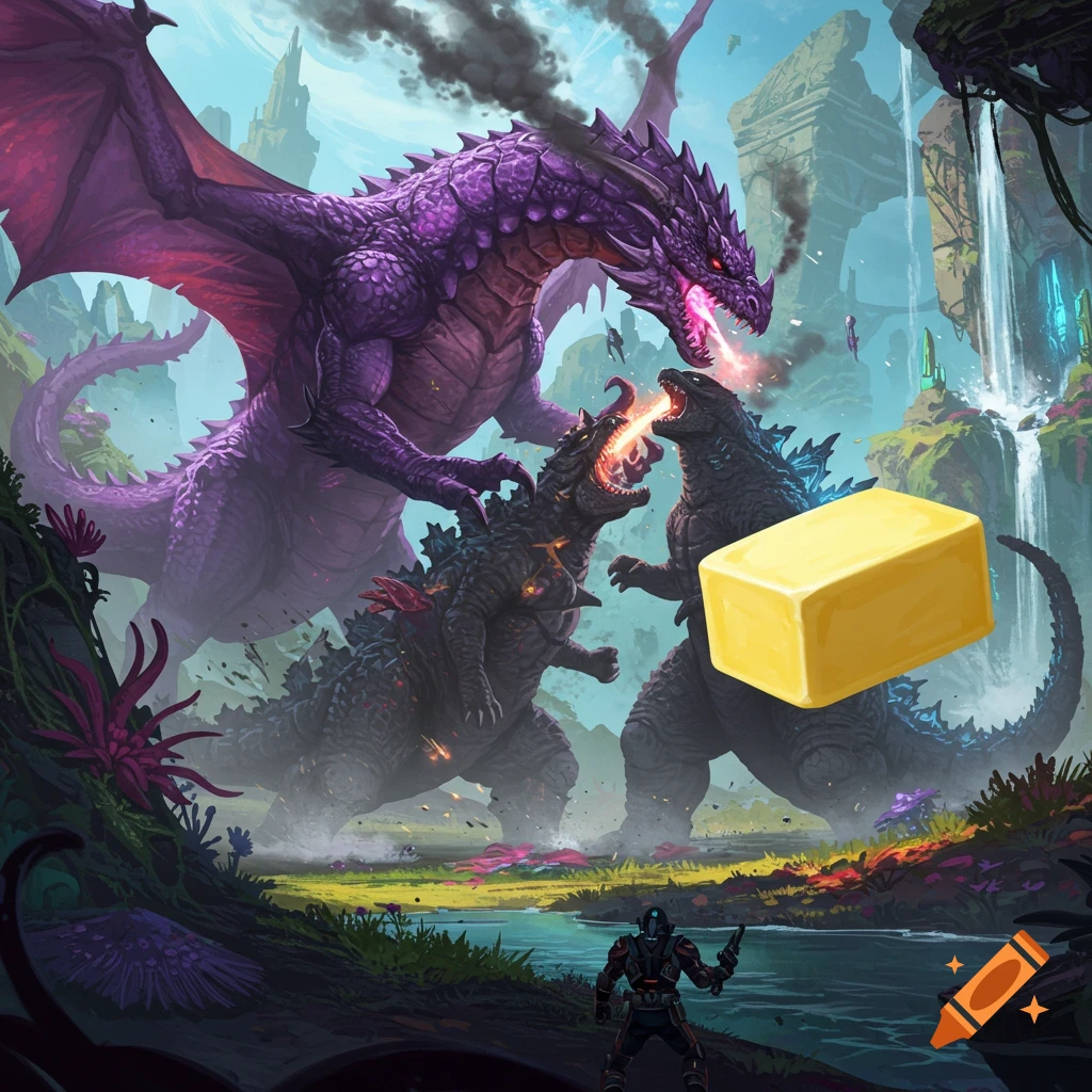 A dragon and Godzilla fight over a giant butter cube in a cosmic ...