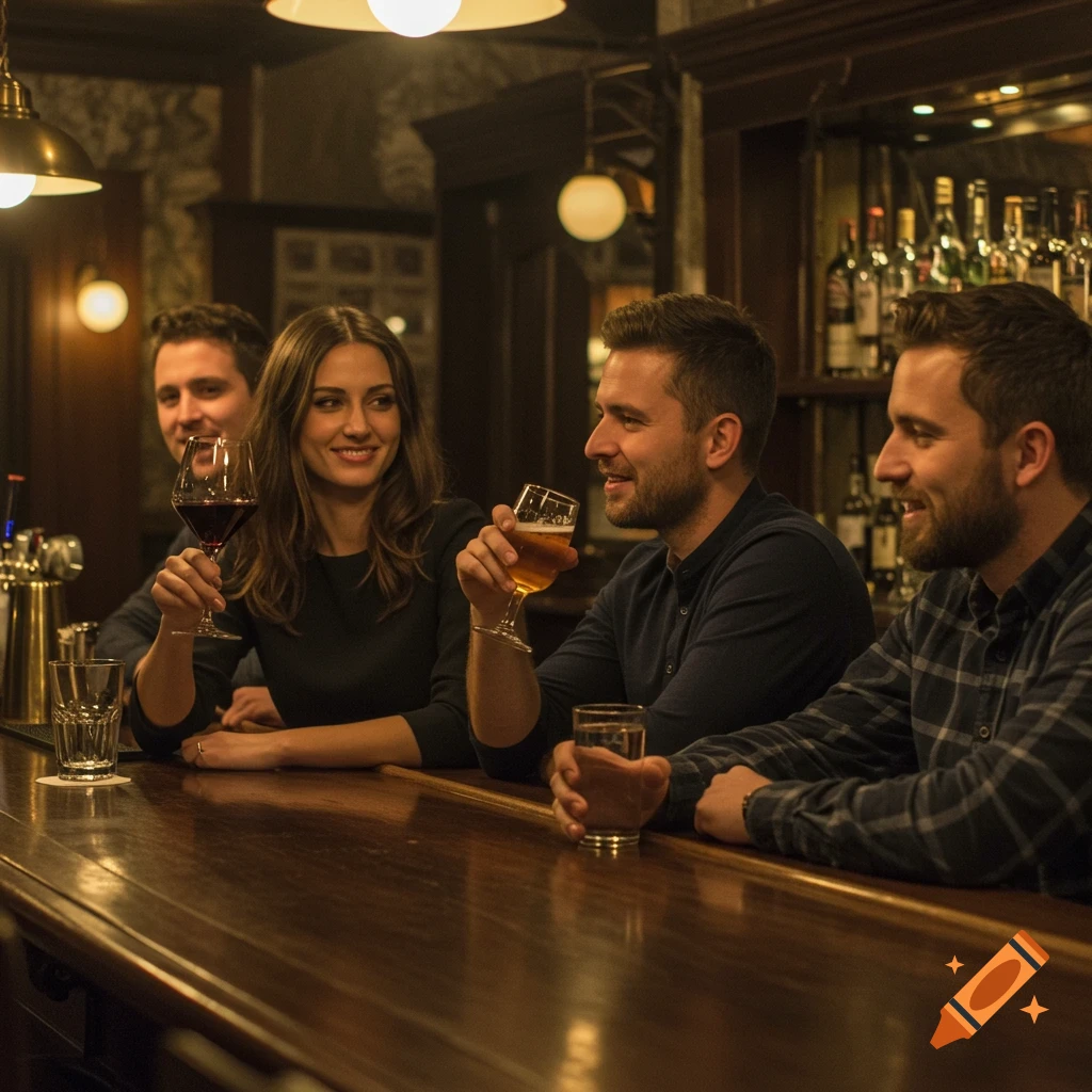 Four people sit at a wooden bar holding drinks. Photorealistic. on Craiyon