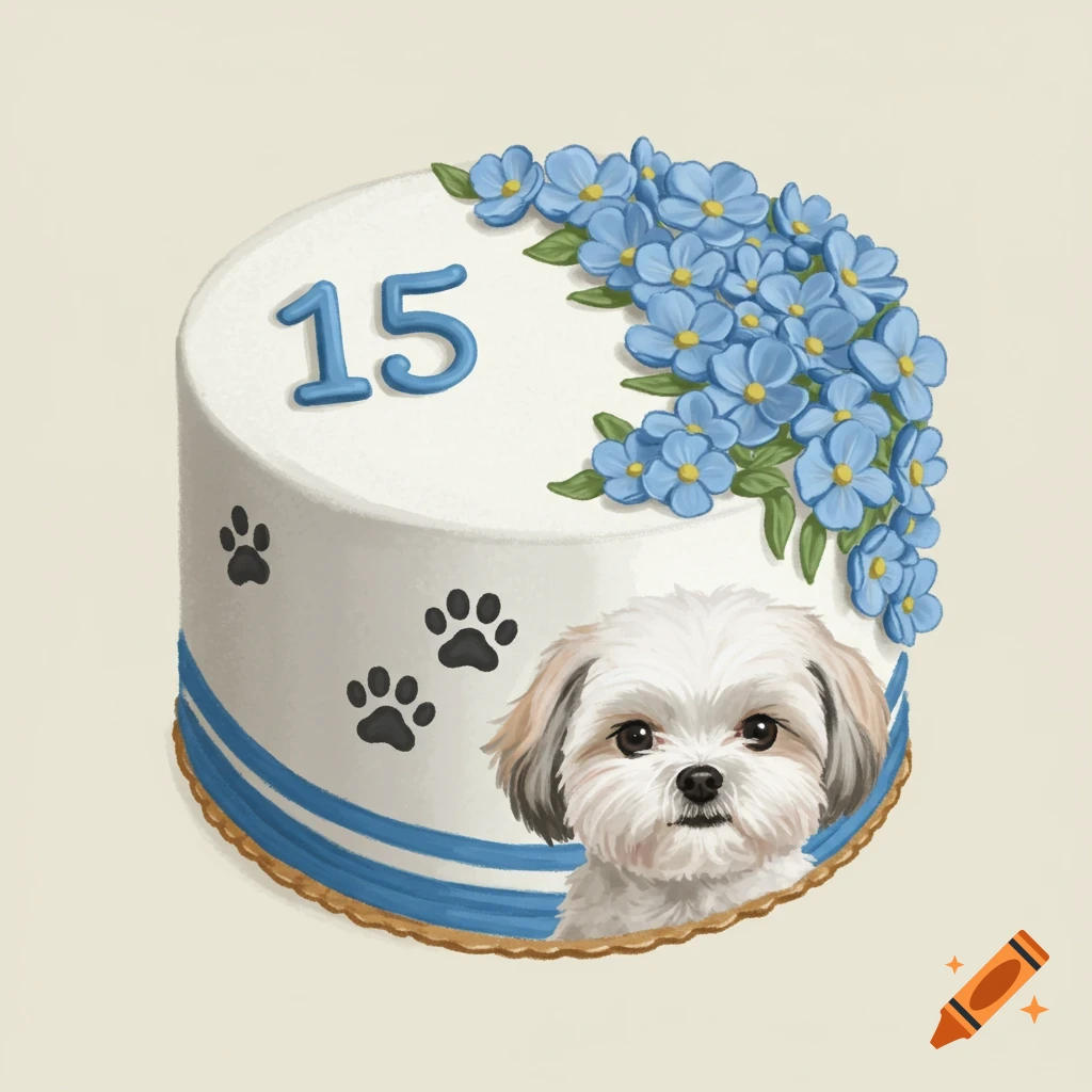 Circle cake with blue flowers, blue stripe, number 15, paw prints, and ...
