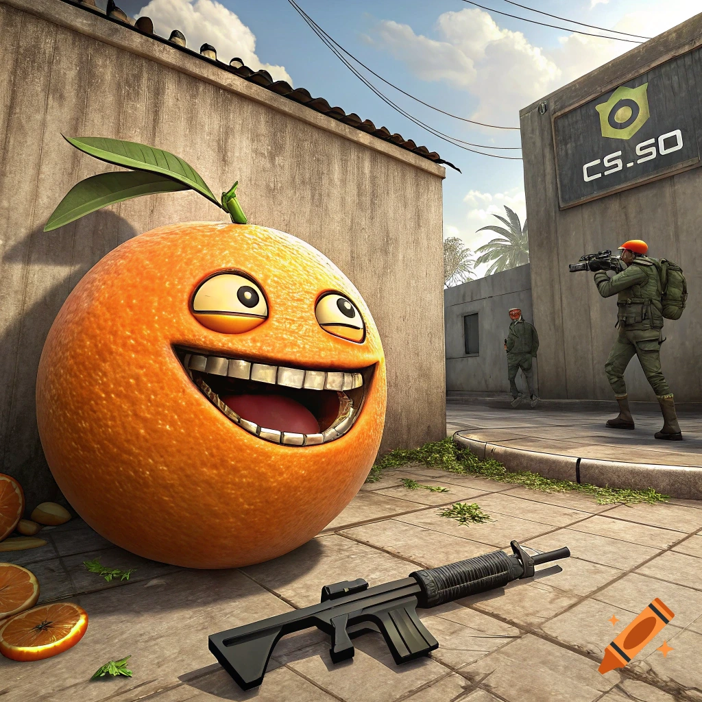 The Annoying Orange character in a Counter-Strike game map looking at ...