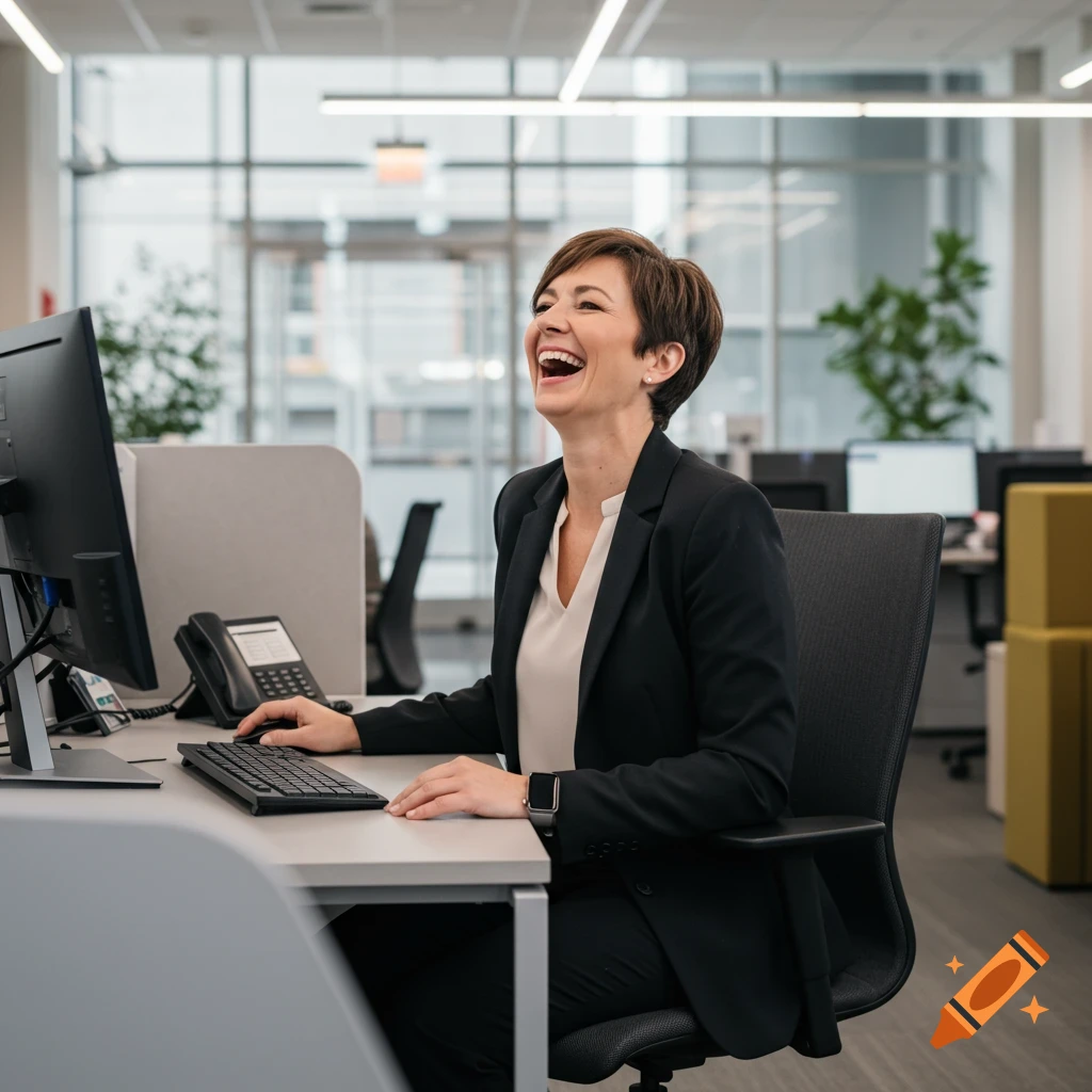 Woman laughing behind computer in bank on Craiyon