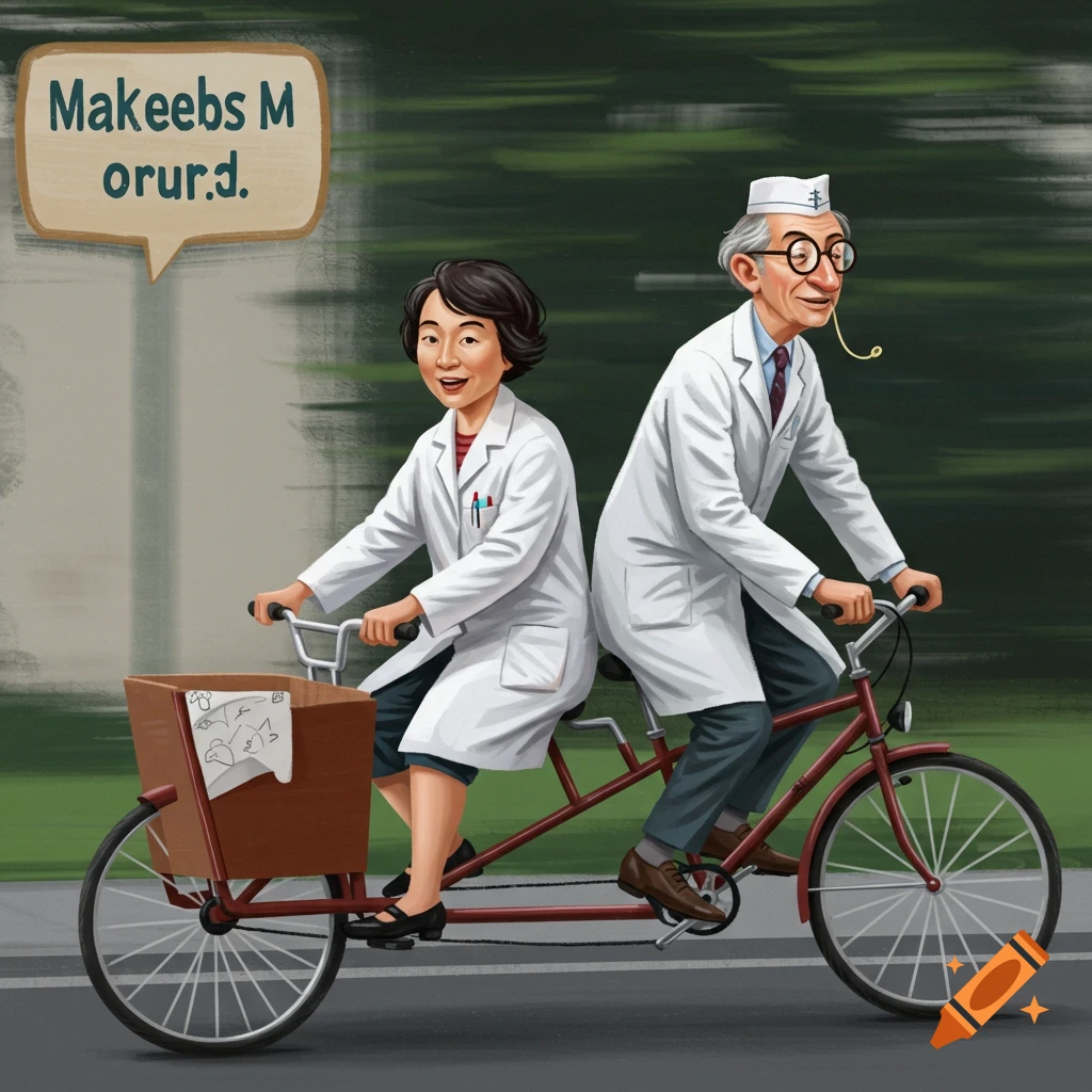 Asian woman doctor and Dutch male doctor riding a tandem bike on Craiyon