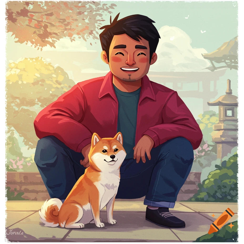 Illustration of a man crouching next to a Shiba Inu dog in a park. on ...