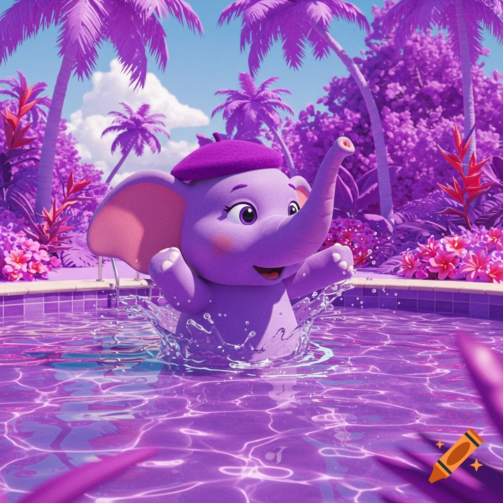 A cute purple elephant wearing a beret splashes in a purple pool. on ...