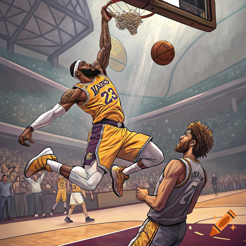 Basketball illustration of a player dunking over another player in a ...