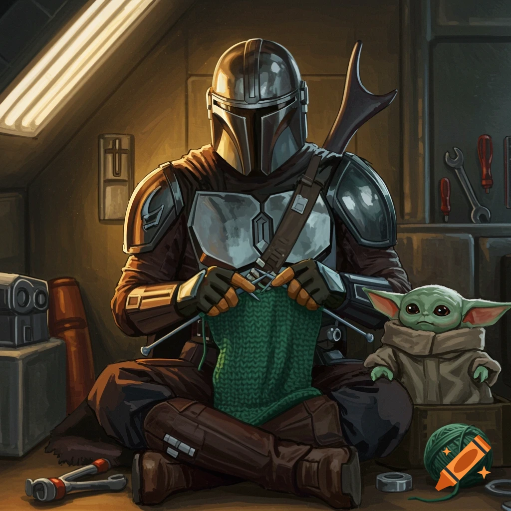 The Mandalorian knitting Grogu a sweater on Craiyon