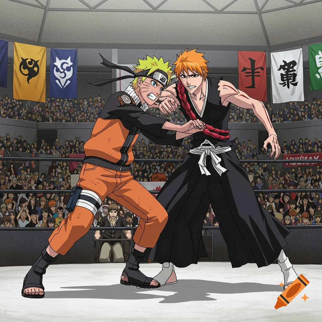 Anime characters resembling Naruto and Ichigo wrestling in a ring with ...