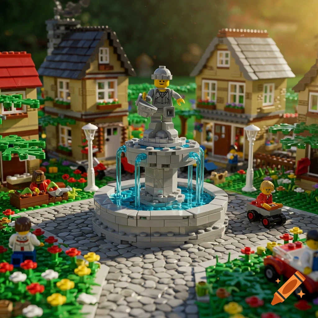Lego fountain with knight statue in friendly neighborhood on Craiyon
