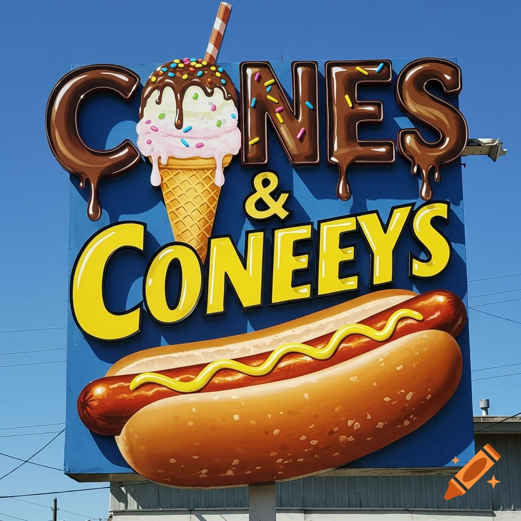Cones & Coneys restaurant sign with ice cream cone and hot dog ...