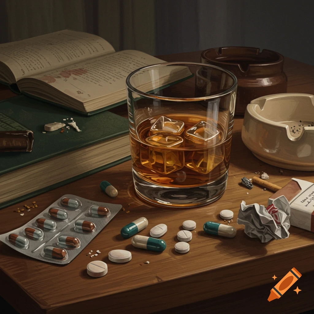 Cluttered coffee table with whiskey and pills on Craiyon