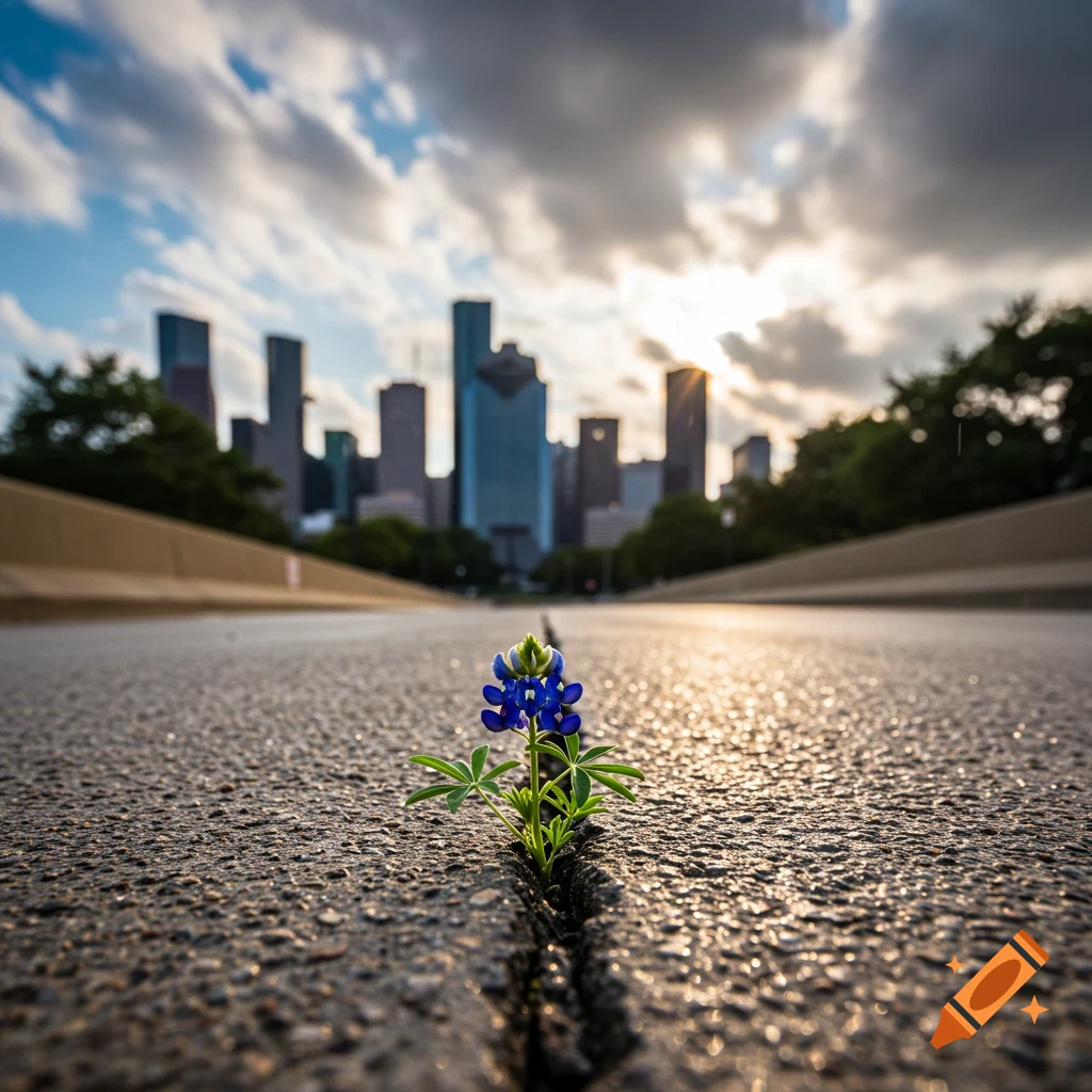 Flower growing from concrete in rain with sun and Houston skyline on ...
