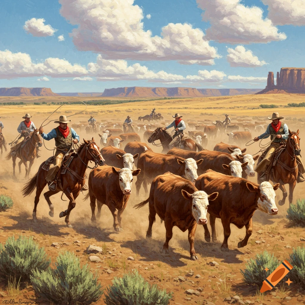 A western painting depicts cowboys on horseback using lassos to herd ...