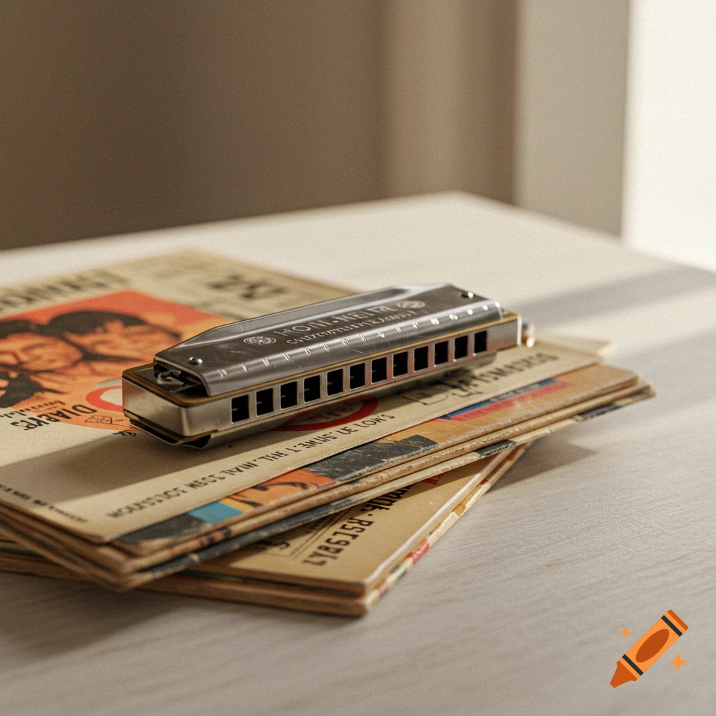 Hohner chromatic harmonica on stack of 45 rpm records on Craiyon