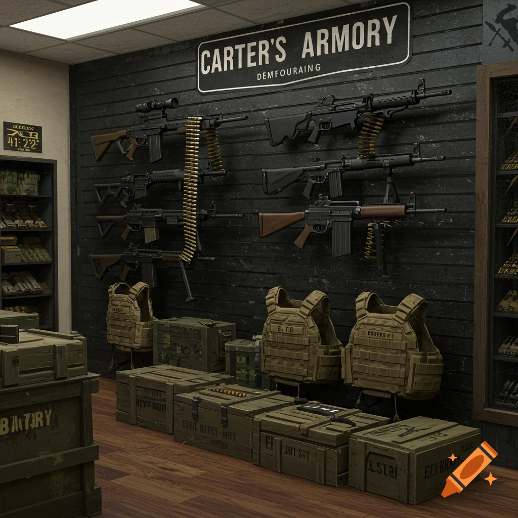 Gun store with machine guns, plate carriers, and ammo crates on Craiyon