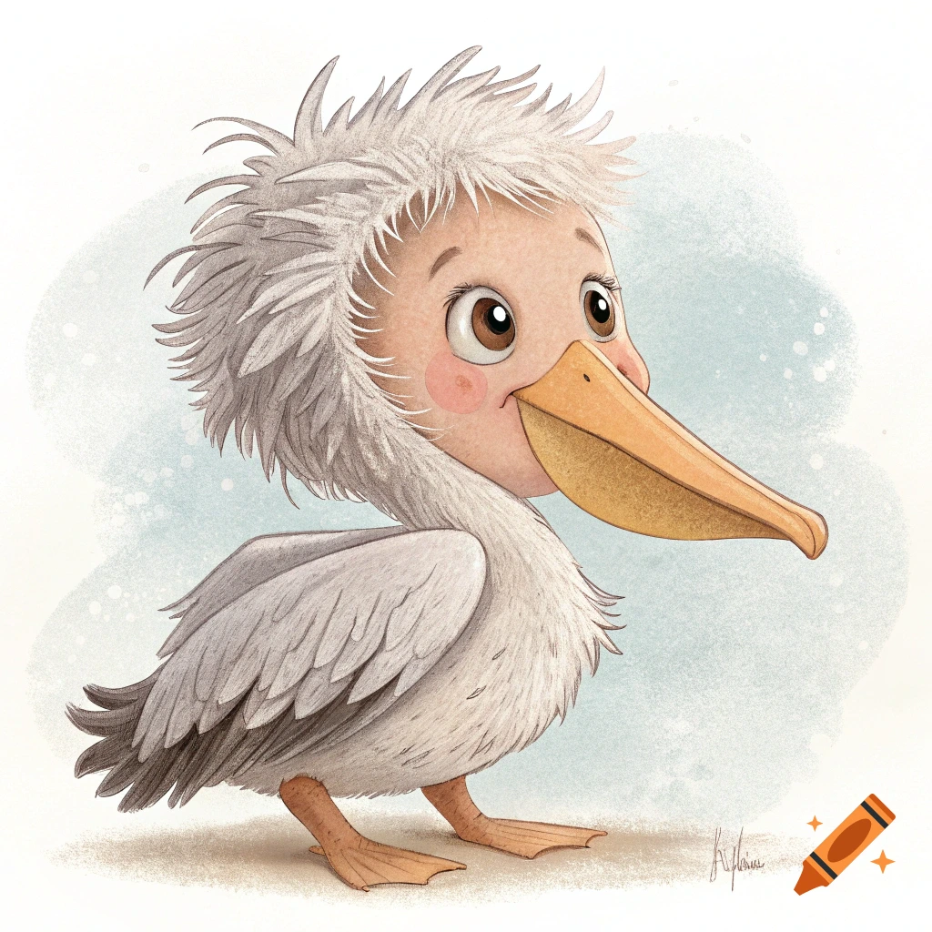 Cartoon illustration of a cute pelican character with human face and ...