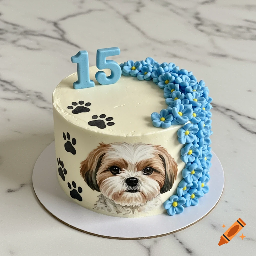 A white cake decorated with a Shih Tzu face, black paw prints, blue ...