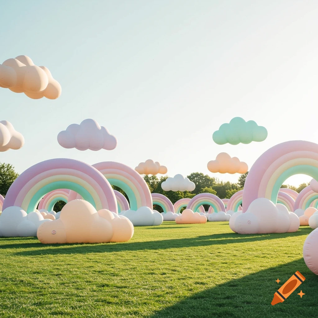 Giant inflatable pastel colored rainbows and clouds on Craiyon