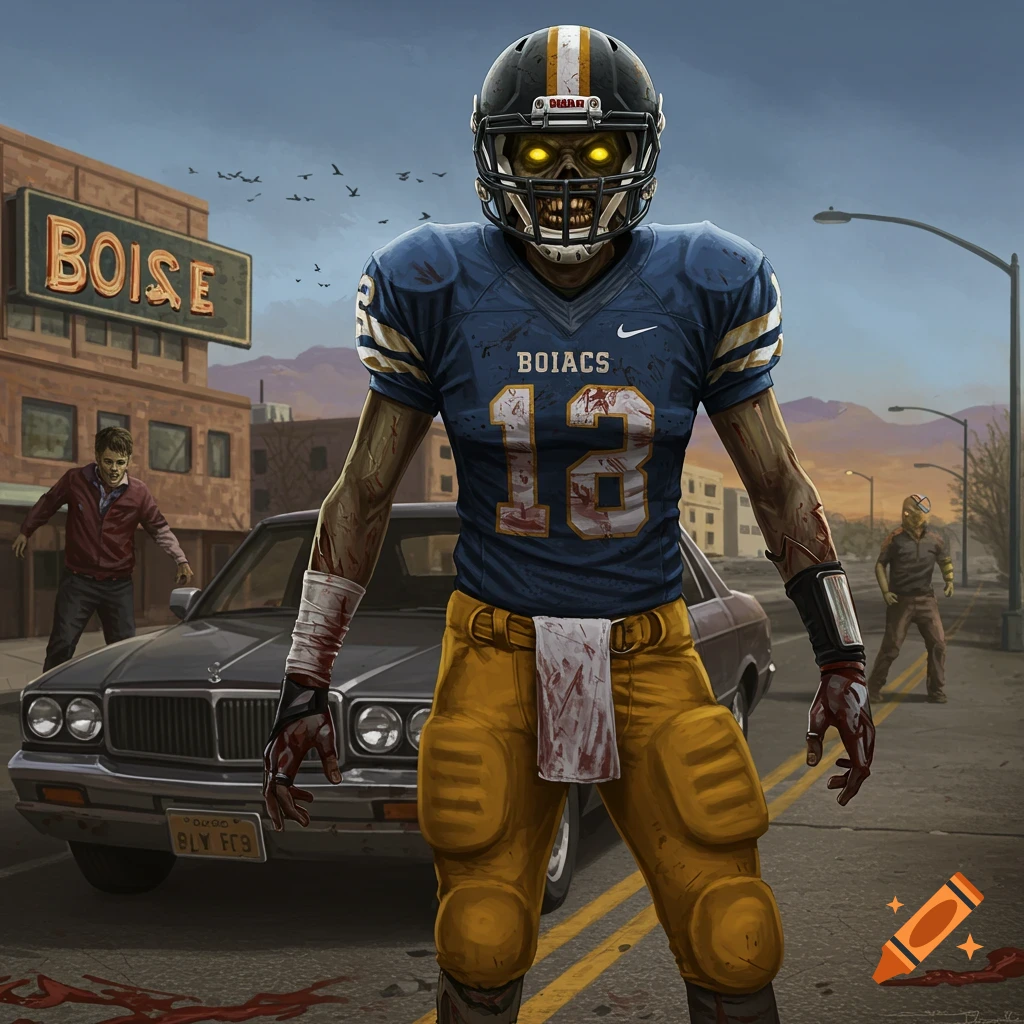 Zombie football player chasing human in Boise, Idaho on Craiyon