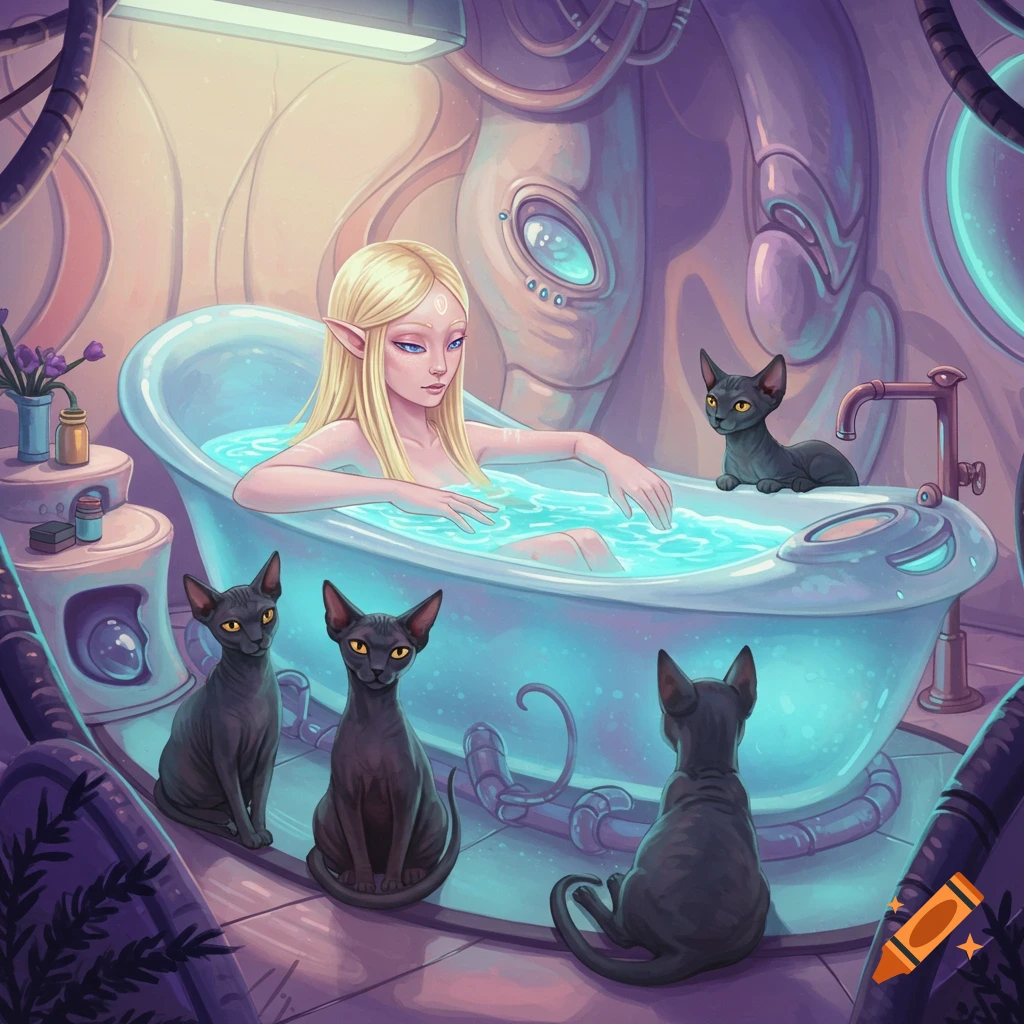 An alien woman in a bath tub surrounded by four sphinx cats in a sci-fi ...