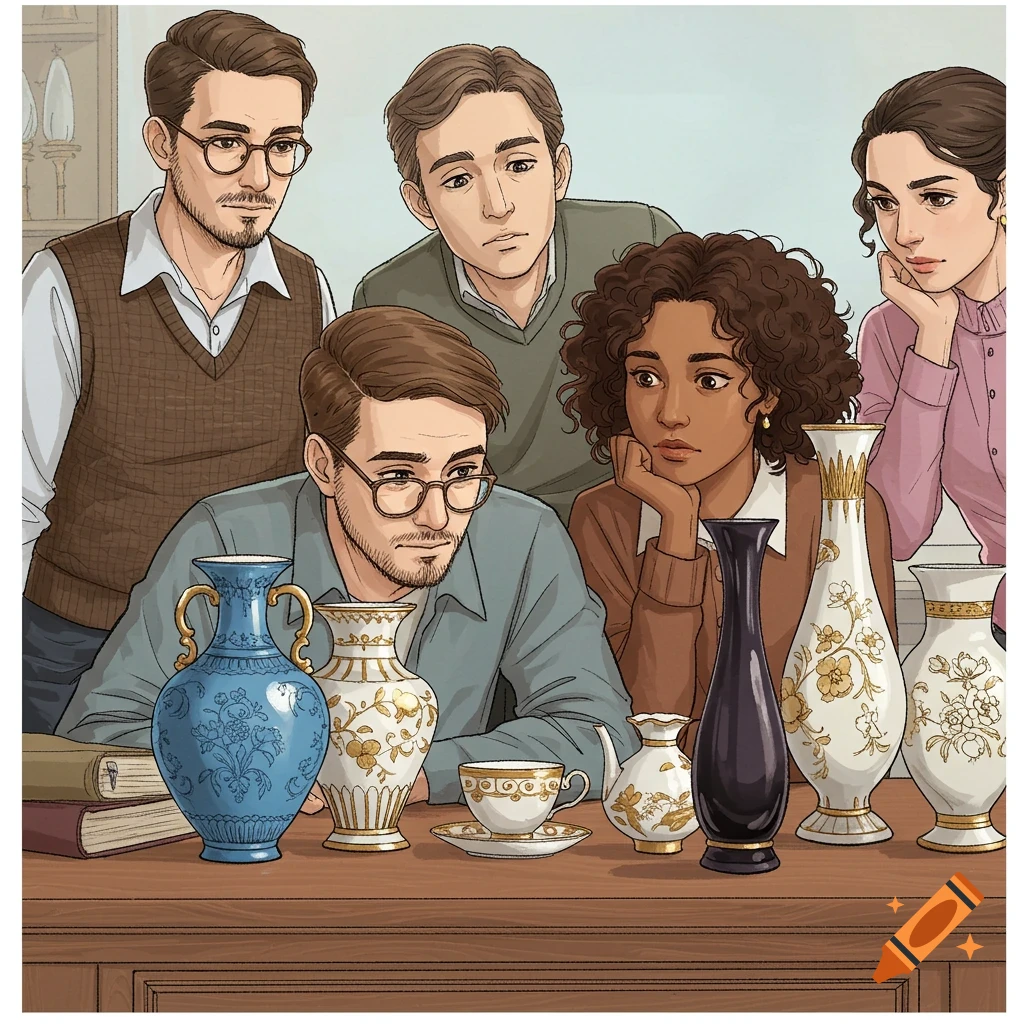 Drawing of vases and cups on a desk from a unique perspective on Craiyon