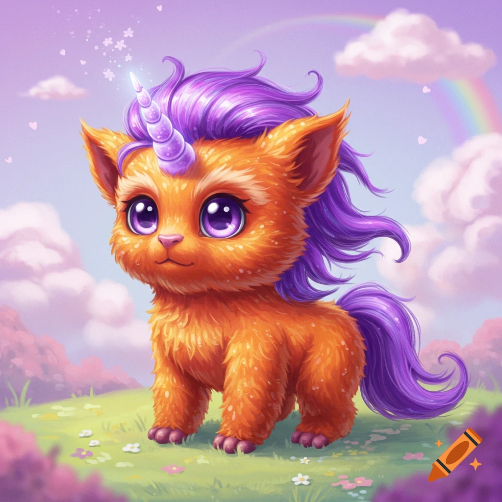 Cute orange cat-like creature with purple mane and unicorn horn stands in a field with a rainbow ...