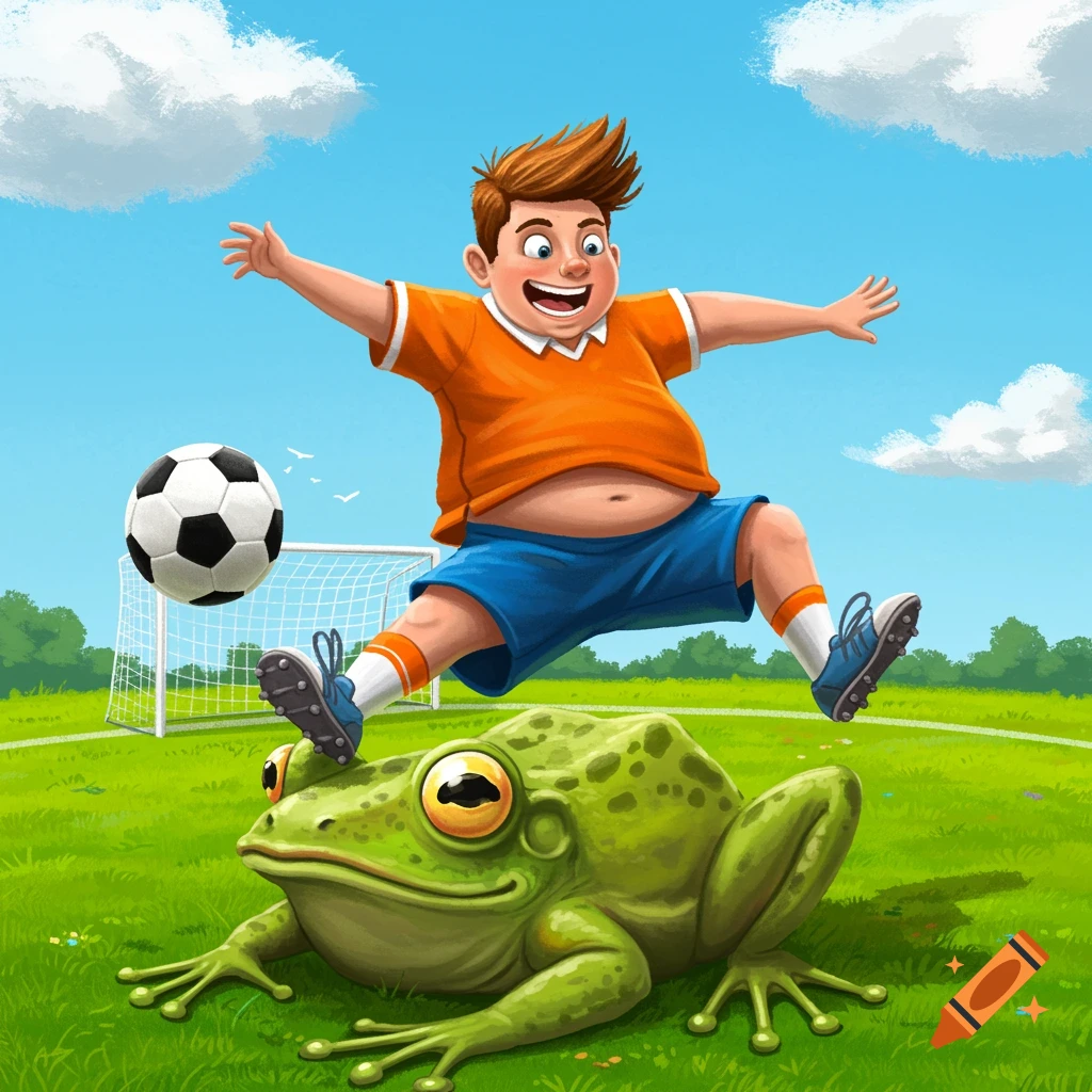 Teenager slipping on a frog on soccer field on Craiyon