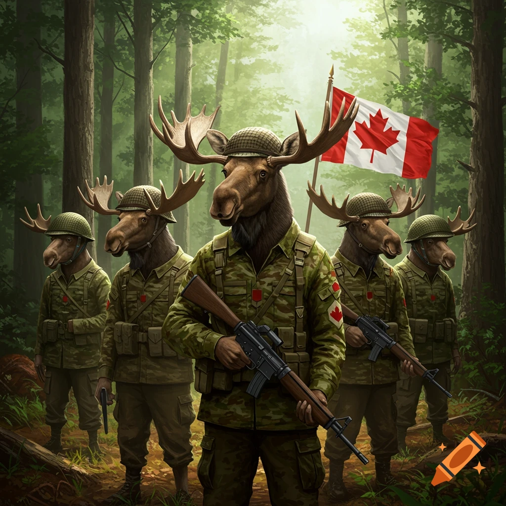 Five anthropomorphic mooses in Canadian military uniforms standing in a ...
