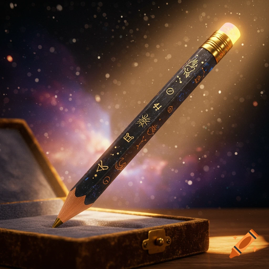 A dark pencil decorated with golden symbols glows in an open box ...