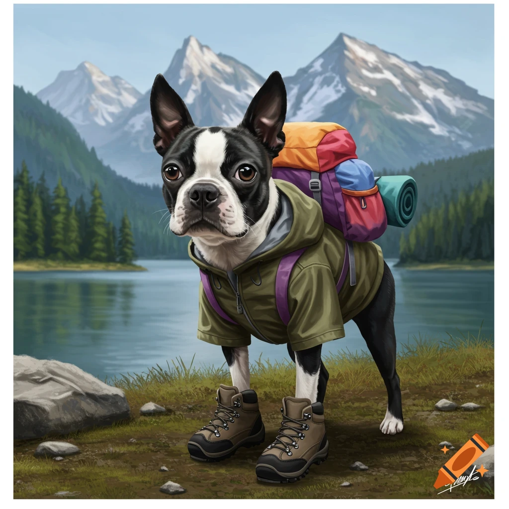 Boston Terrier in hiking gear standing in a mountain landscape. on Craiyon