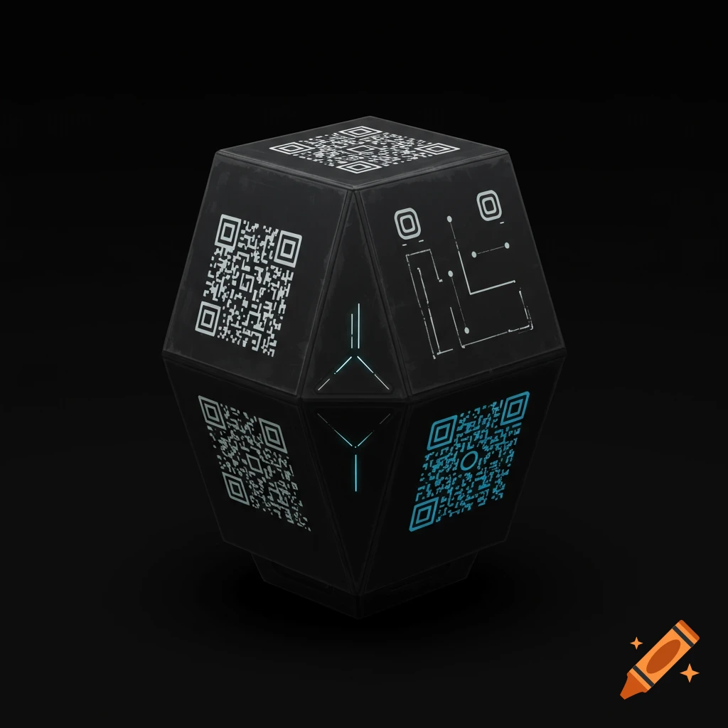 Geometric four-sided alien object with QR codes on Craiyon