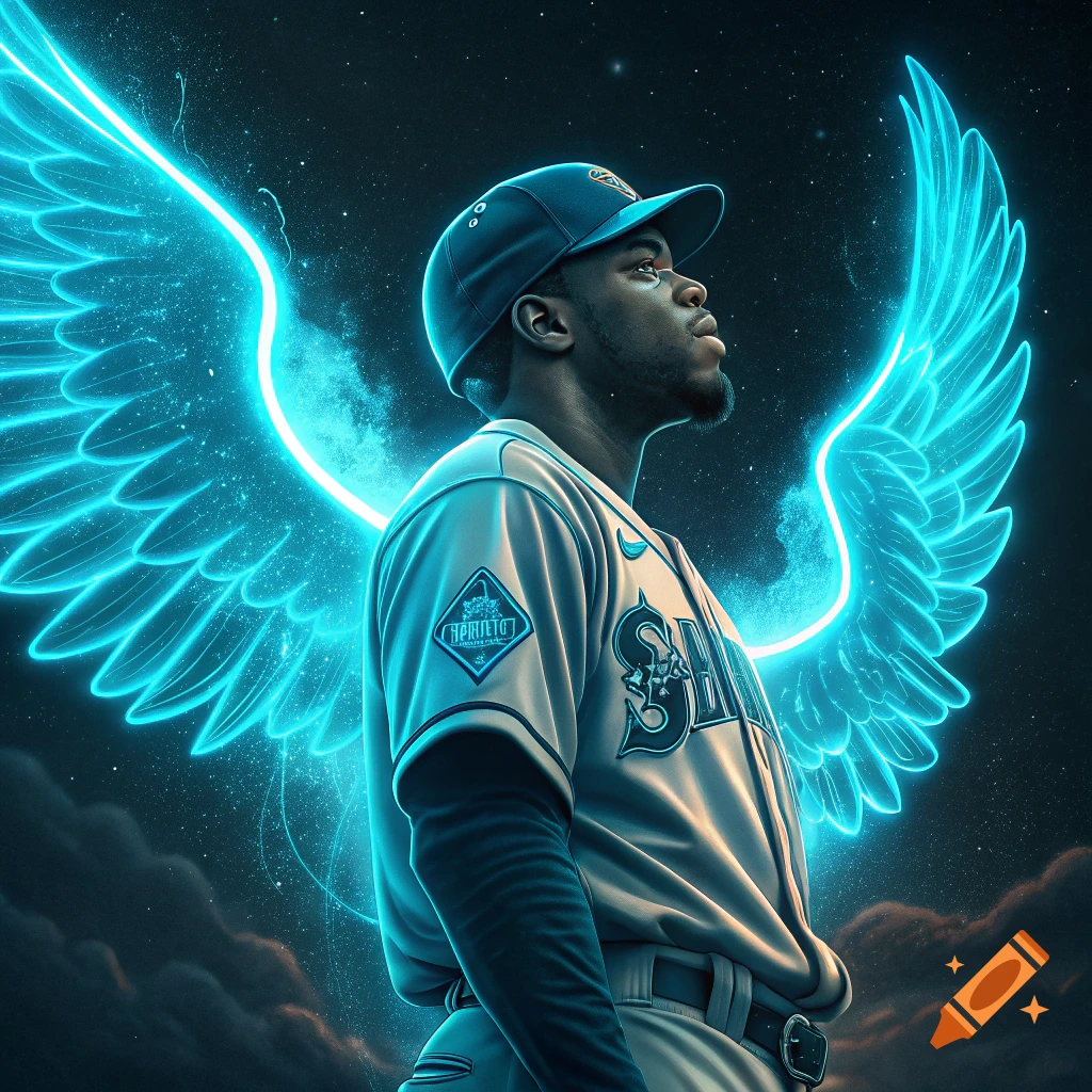 Baseball player with glowing blue neon wings against a starry night sky ...