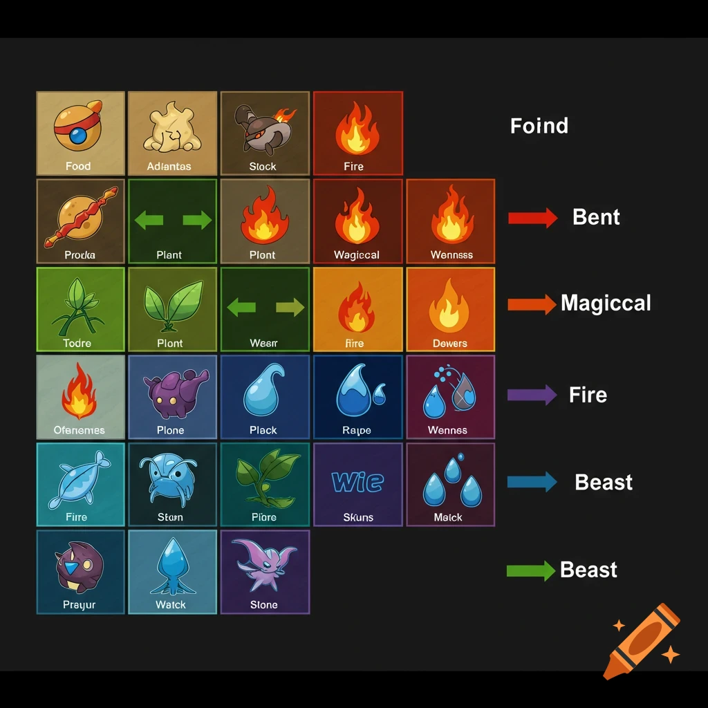Type matchup diagram using food, fire, rock, magical, water, plant, bio ...