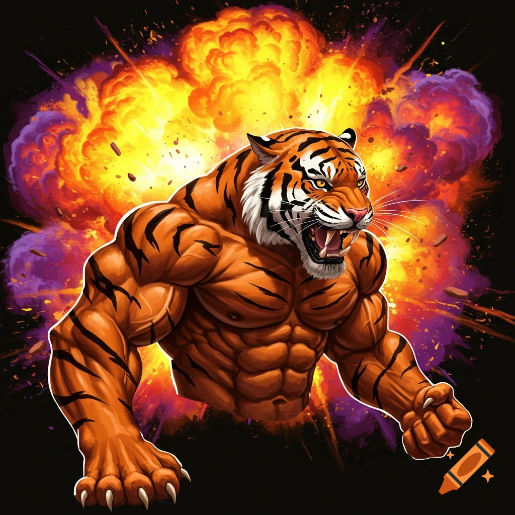 Muscular tiger with explosion background on Craiyon