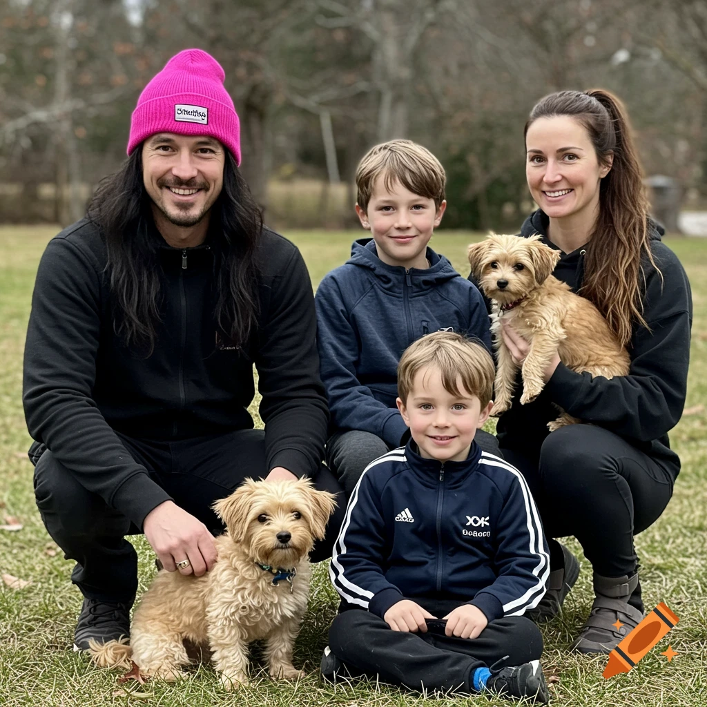 Family portrait of Scott, Elsa, Tommy, and dog Archie on Craiyon