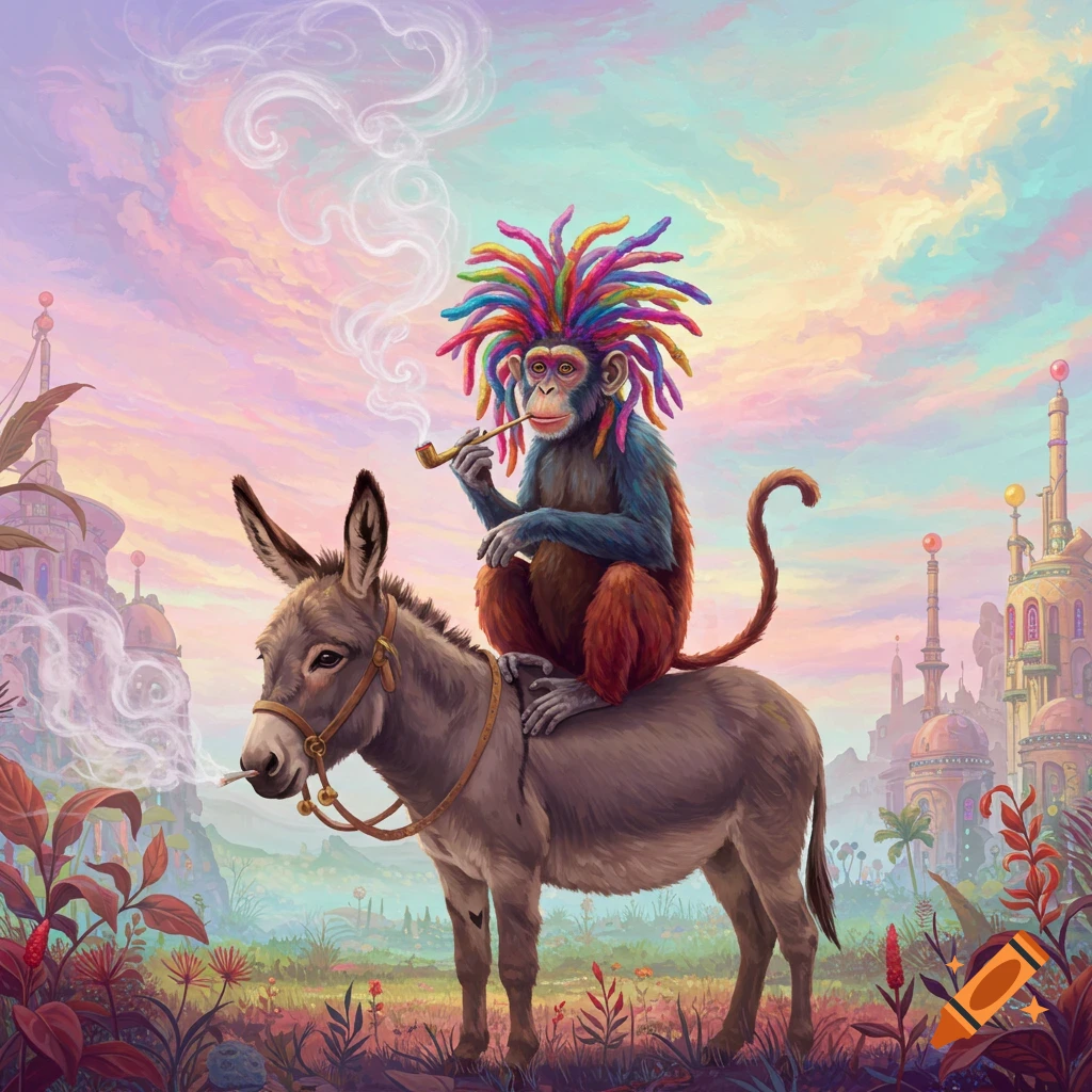 Monkey with dreads smoking, riding a donkey in a utopia on Craiyon