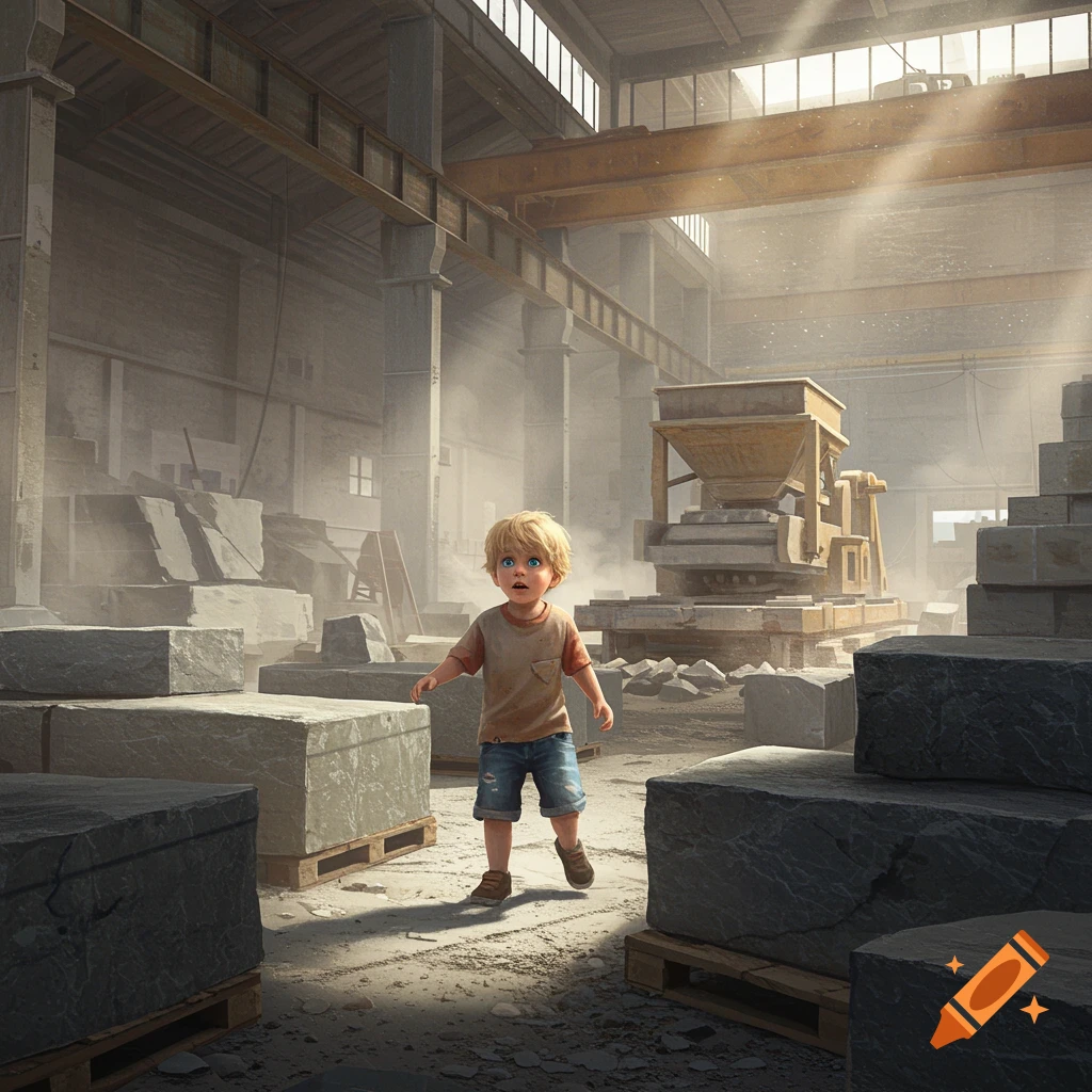 Kid at a stone factory on Craiyon