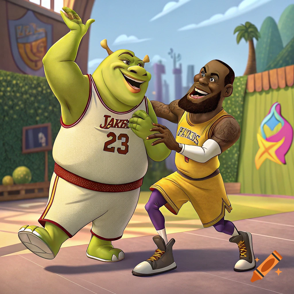 Cartoon illustration of Shrek and LeBron James in basketball uniforms ...