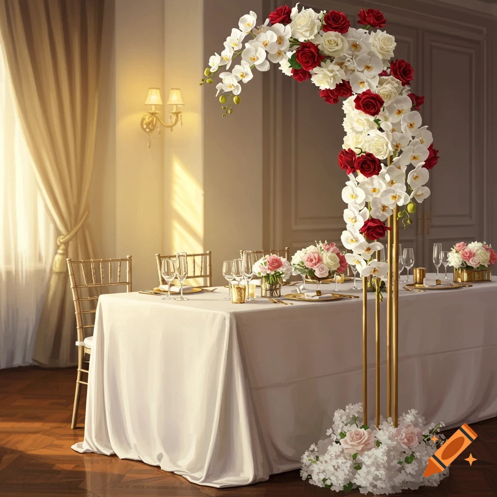 A rectangular head table set for a wedding or event, decorated with ...
