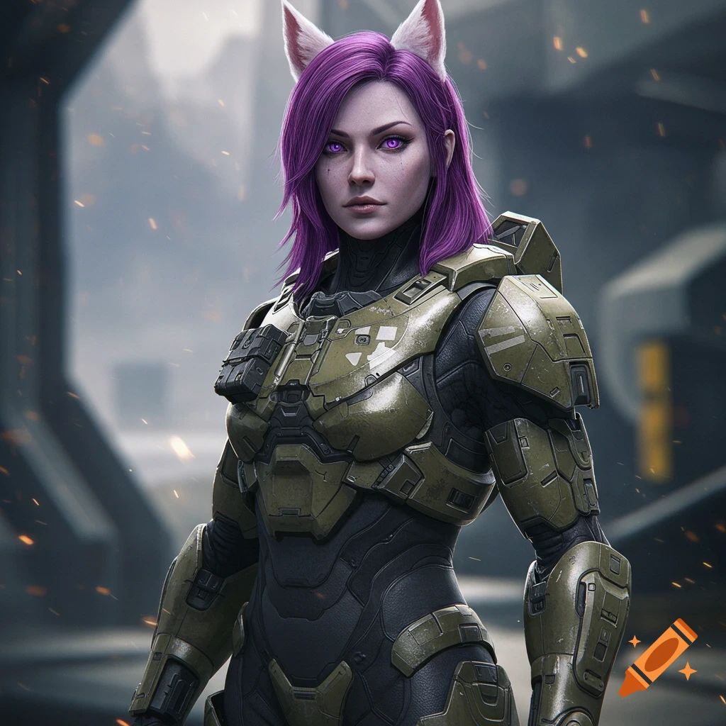 Female character with purple hair in ODST armor from Halo on Craiyon