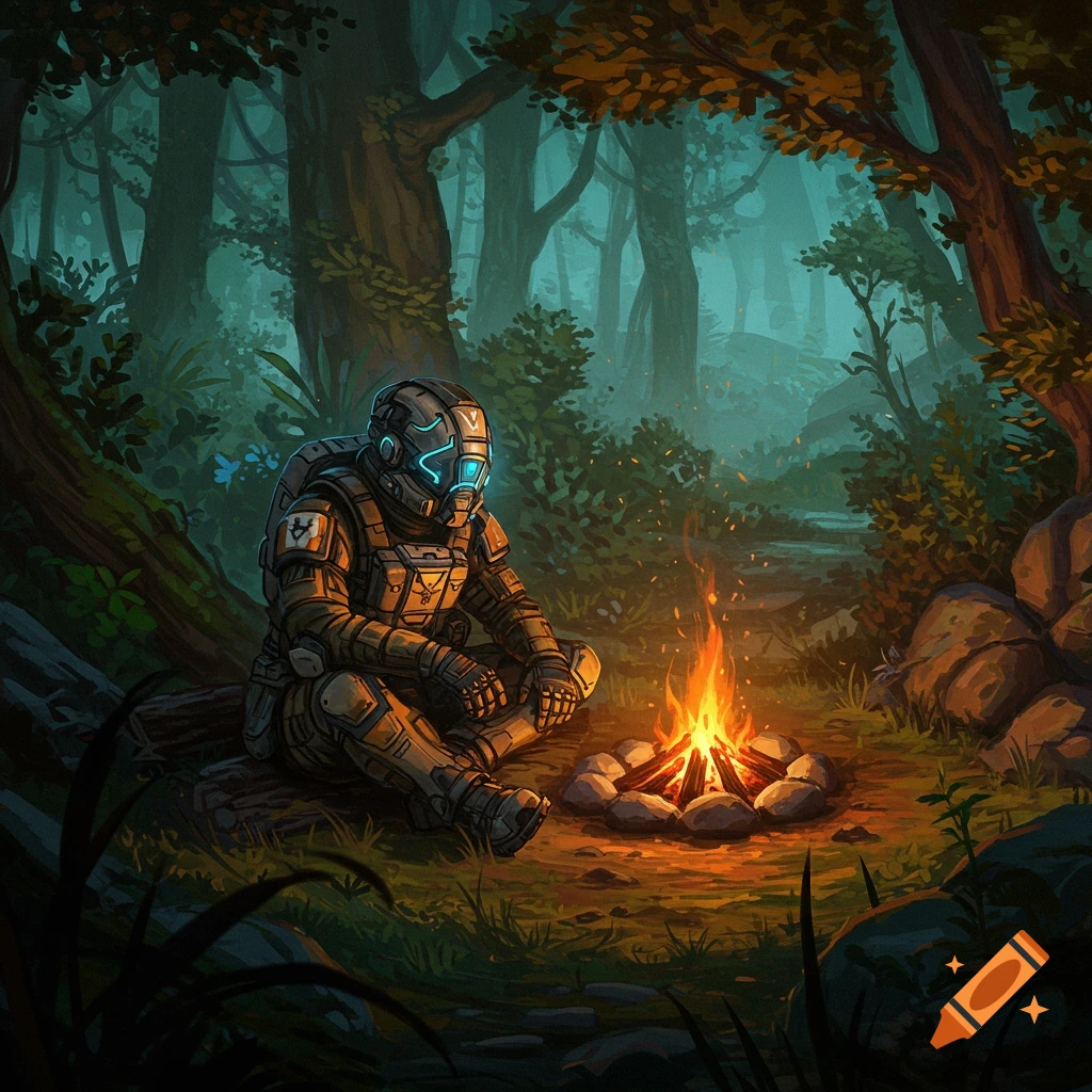 Titanfall 2 pilot by a fire in a forest on Craiyon
