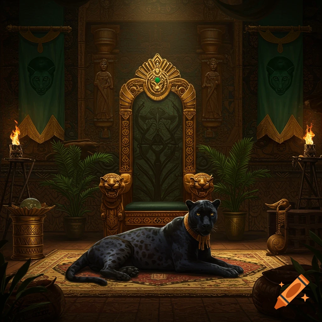 A black panther lies on a rug in front of an elaborate golden throne in ...