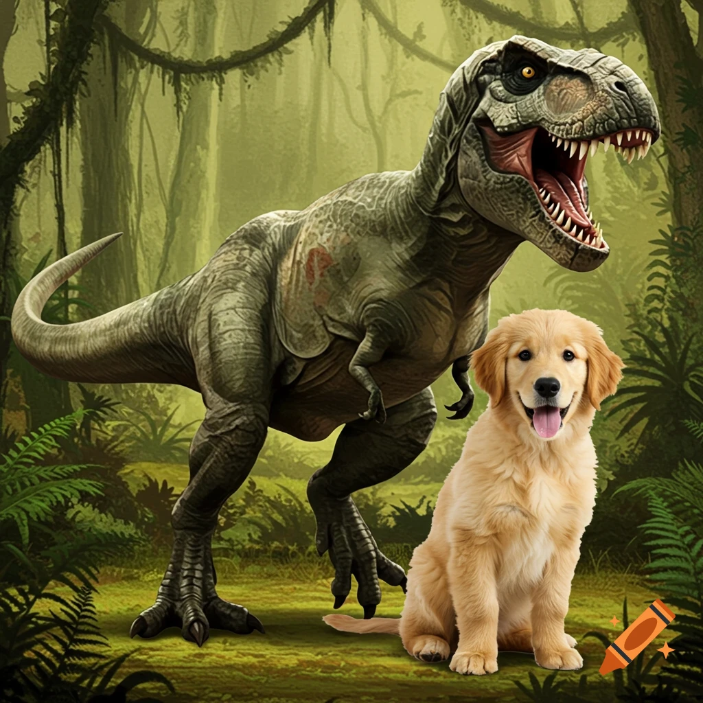 T-Rex body with puppy head and paws on Craiyon