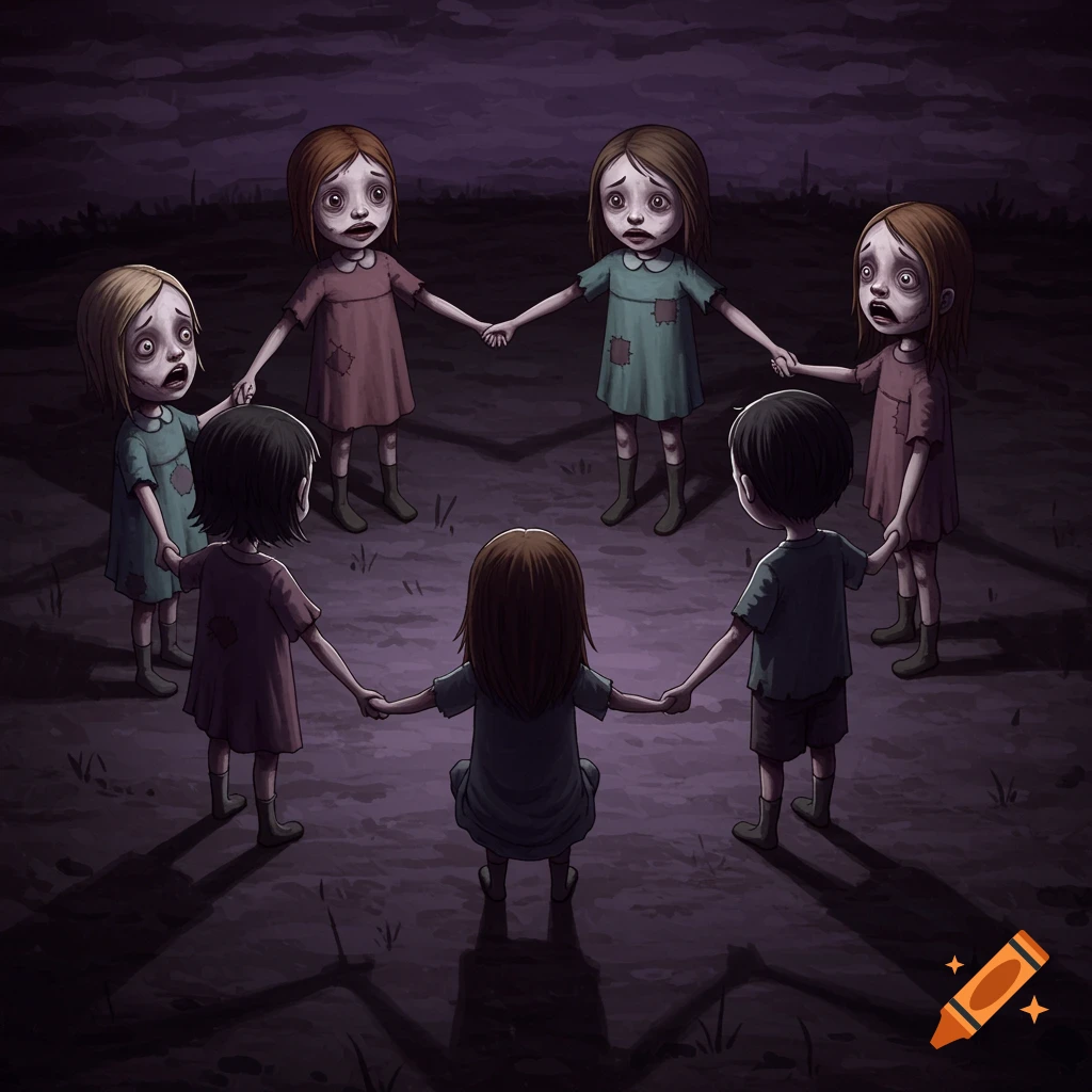 Illustration of children holding hands in a circle at night, one child ...