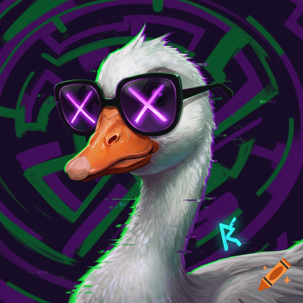 Mischievous goose with sunglasses, glitchy aura, and glowing rune. on ...