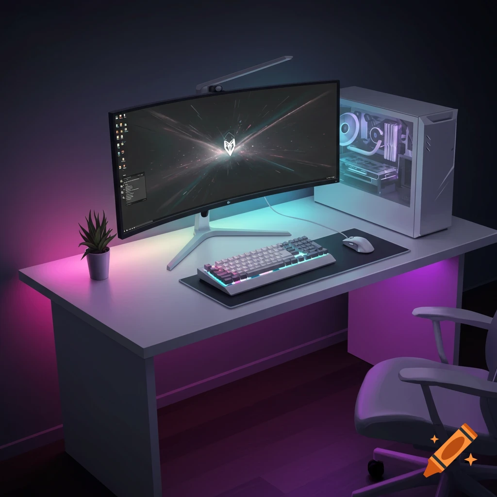 All-white gaming battlestation with LED lights on Craiyon