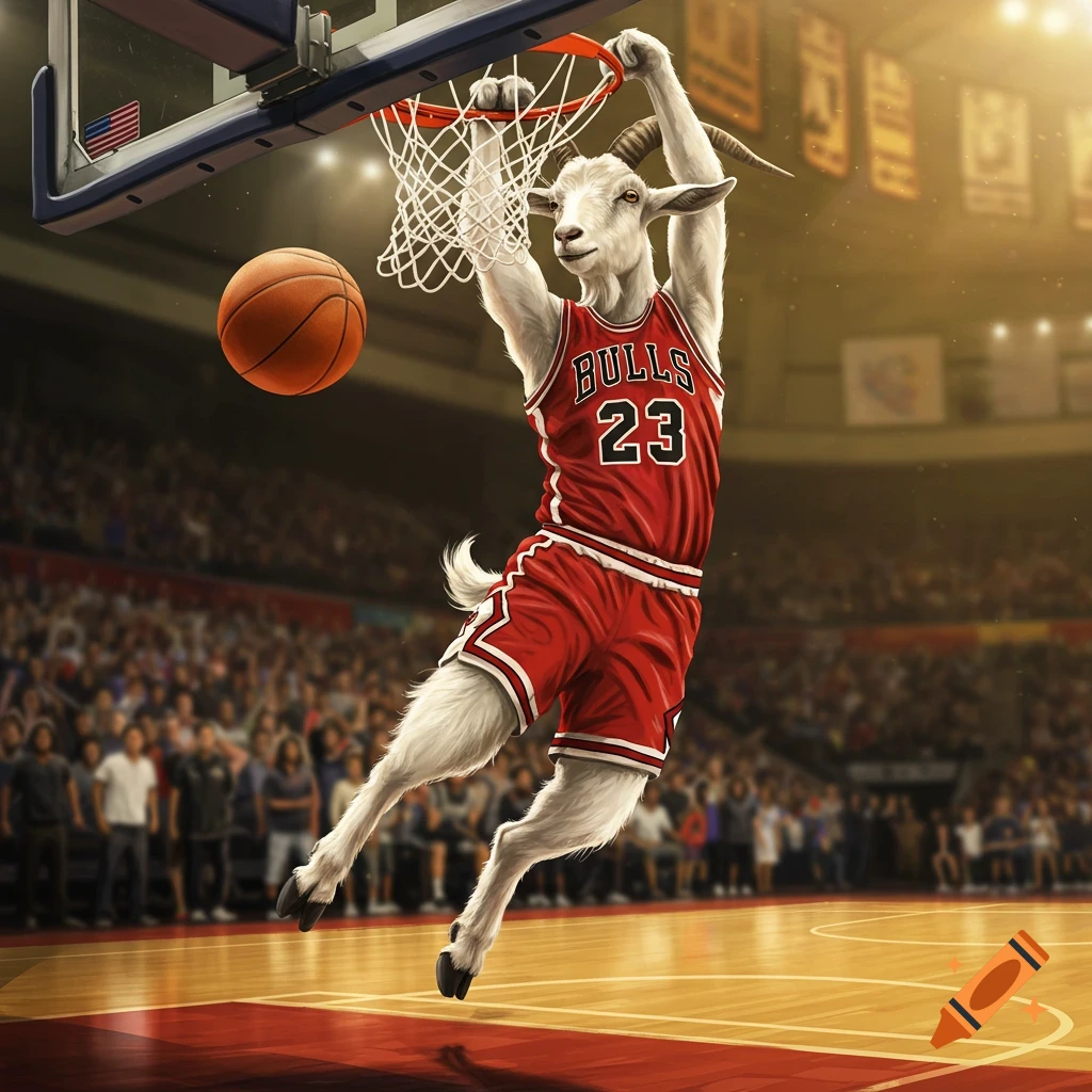 Goat dunking basketball with number 23 jersey on Craiyon