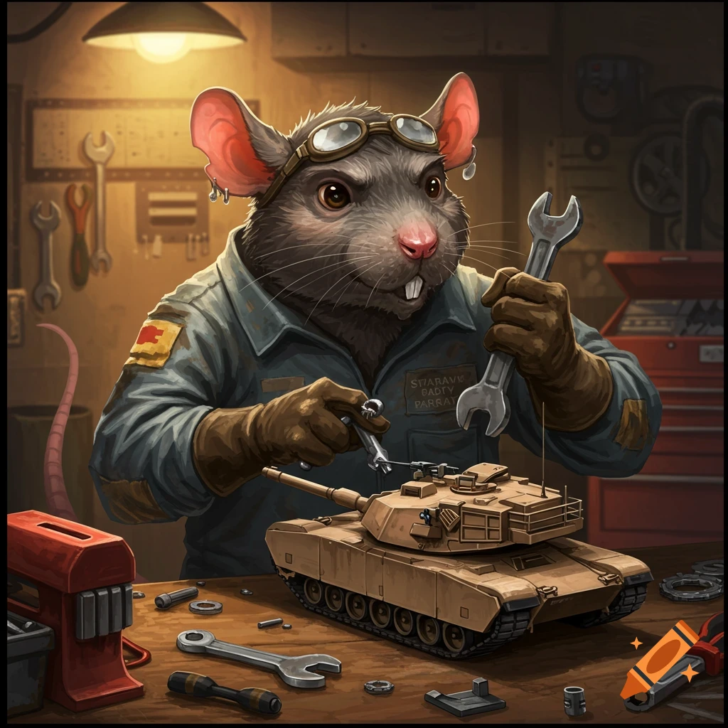 An anthropomorphic rat in mechanic clothes works on a model tank with ...